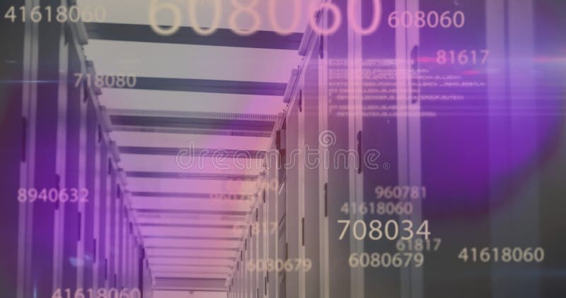Animation of Changing Numbers and Computer Language Over Server Room ...