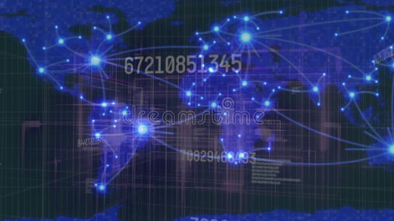 Animation of Changing Numbers and Glowing Connecting Dots Over World Map and Data Processing ...