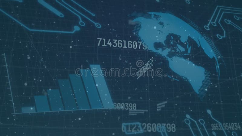 Animation of Changing Numbers, Graph, Globe, Circuit Board Pattern Over Black Background Stock ...