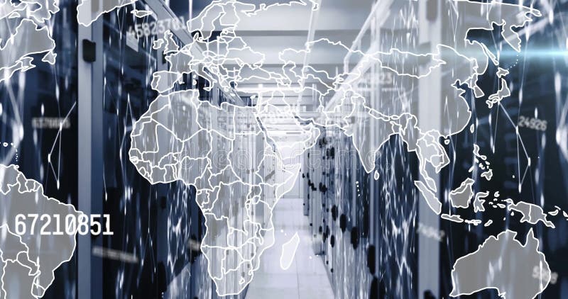 Animation of Changing Numbers, Map Over Connected Dots on Data Server Systems in Server Room ...