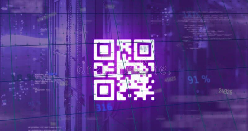 Animation of Changing Numbers Over Neon Qr Code and Data Processing Against Computer Server Room ...