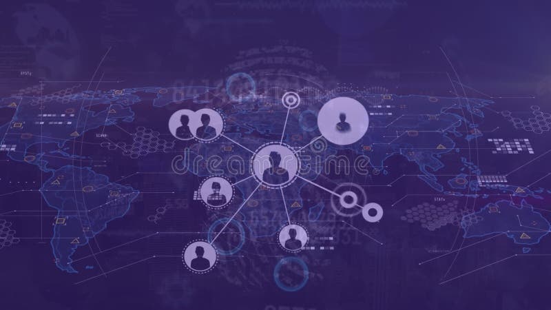 Animation of Changing Numbers and Scope Scanning Over Network of Profile Icons and World Map ...