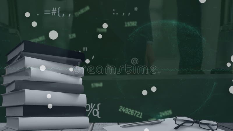 Animation of Changing Numbers and Symbols Over Stack of Books and Low ...