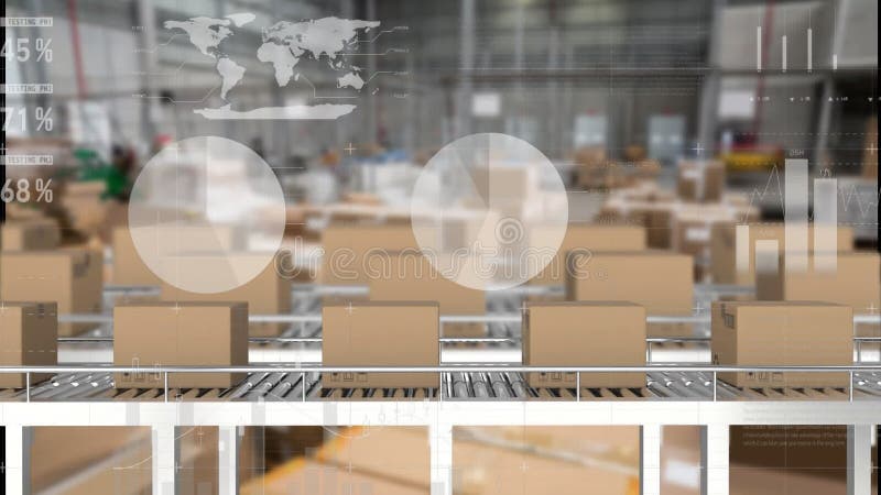 Animation of Charts and Graphs Processing Data Over Boxes Moving on a ...