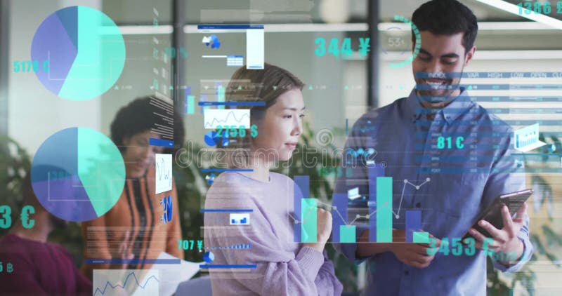 Animation of Charts Processing Data Over Happy Diverse Colleagues with ...