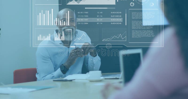 Animation of Charts Processing Data Over Happy Diverse Colleagues ...