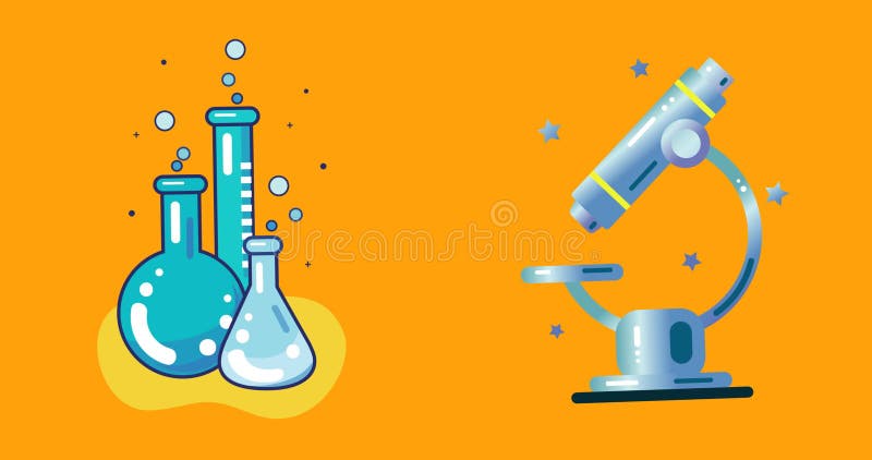 Animation of Chemistry Beakers and Microscope Over Orange Background ...