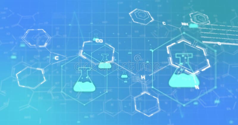 Animation of Chemistry Icons and Data Processing on Blue Background ...