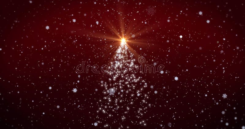 Animation of Christmas Tree and Snow Falling on Red Background Stock ...
