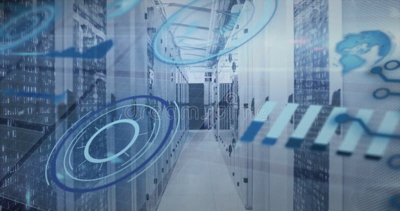 Animation of Circles, Globe, Graphs Over Binary Codes on Data Server Racks in Server Room Stock ...