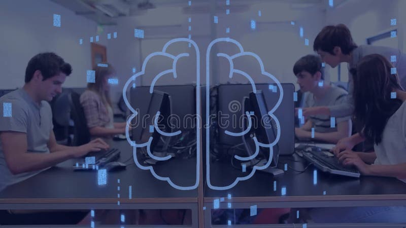 Animation of Circuit Board with Ai Data Processing Over Diverse People Using Computers Stock ...