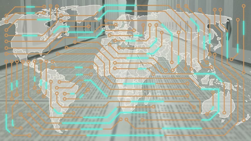 Animation of Circuit Board and Moving Map Over Low Section of Man ...