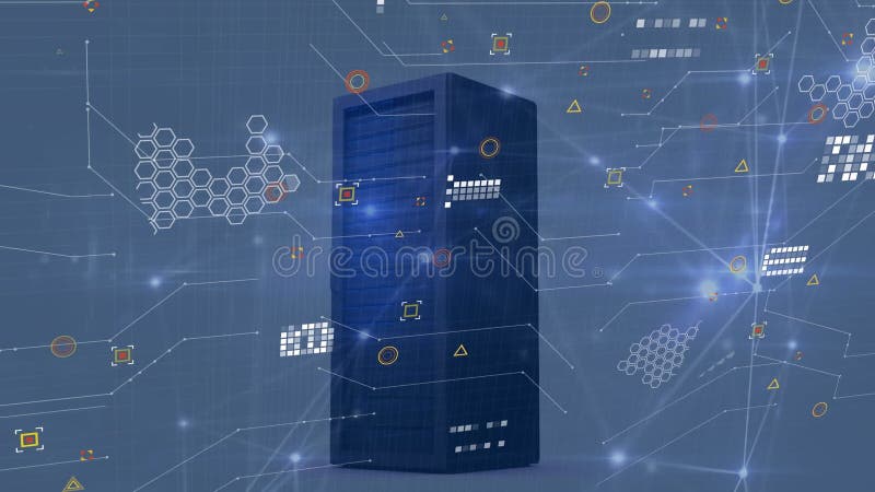 Animation of Circuit Board Pattern and Connected Dots Over Server Rack ...