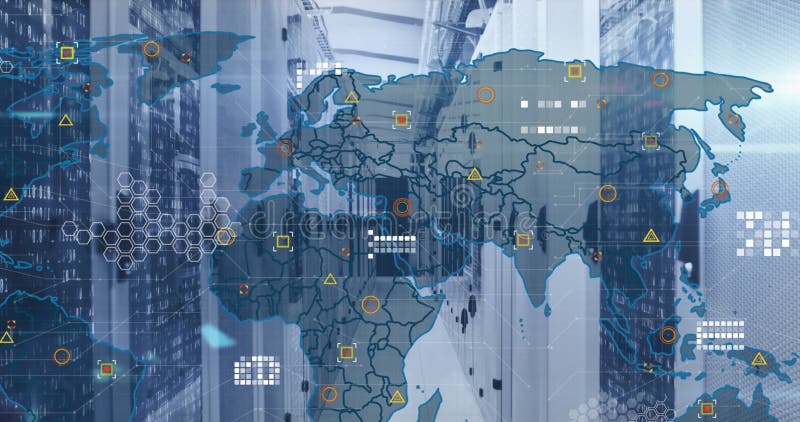 Animation Of Circuit Board Pattern And Map Over Binary Codes On Server Racks In Server Room