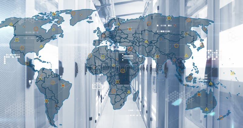 Animation of Circuit Board Pattern on Map Over Moving Bars on Server ...