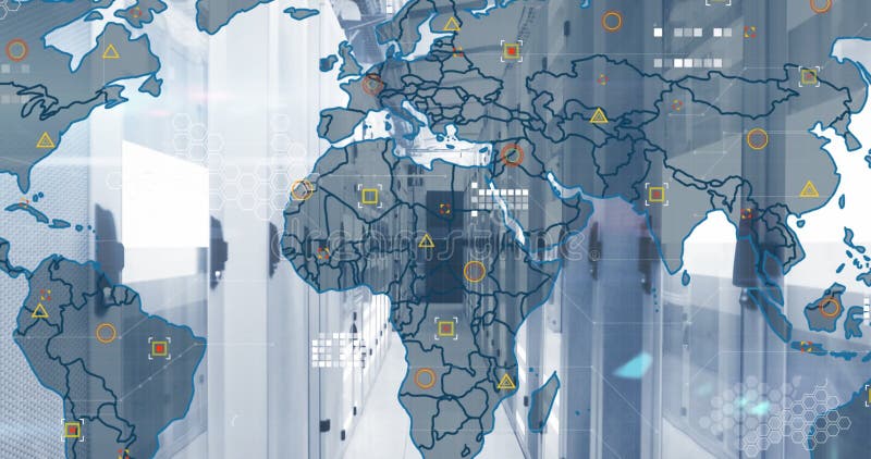 Animation of Circuit Board Pattern and Map Over Server Room in ...