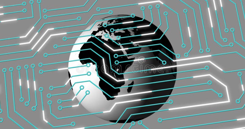 Animation of Circuit Board Pattern and Rotating Globe Over Gray ...