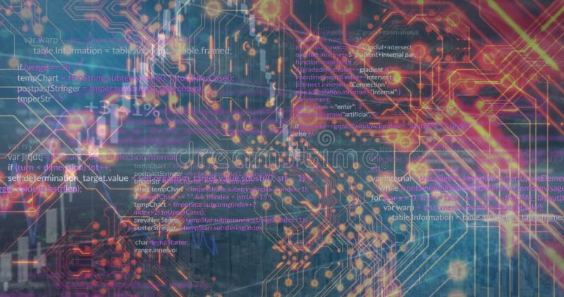 Animation Of Circuit Board Texture And Graph Over Programming Language In Background Stock Video