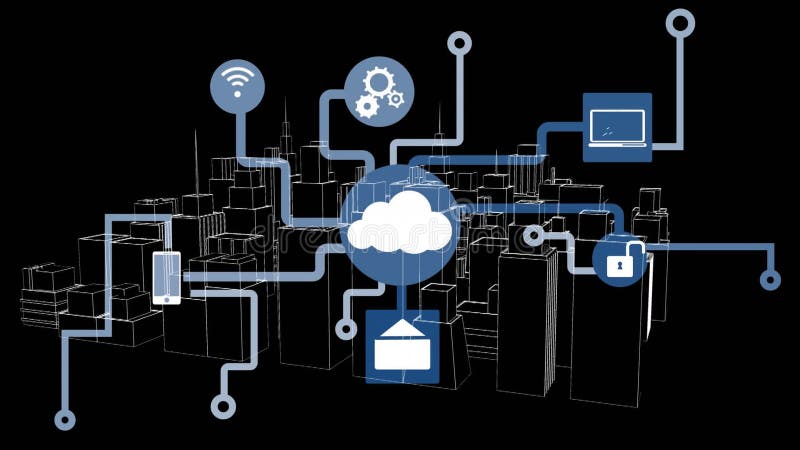 Animation of Cityscape with Cloud Computing Network Connecting Various ...