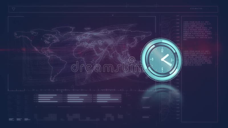Animation of Clock Data Processing and Map on Navy Background Stock Video - Video of ...