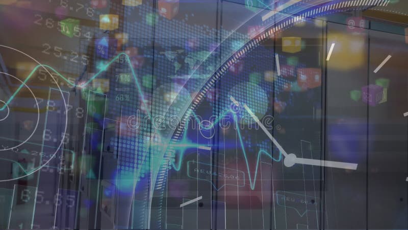 Animation of Clock and Data Processing Over Icons and World Map Stock Footage - Video of ...