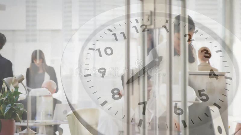 Animation of Clock with Fast Moving Hands Over Diverse Colleagues at ...