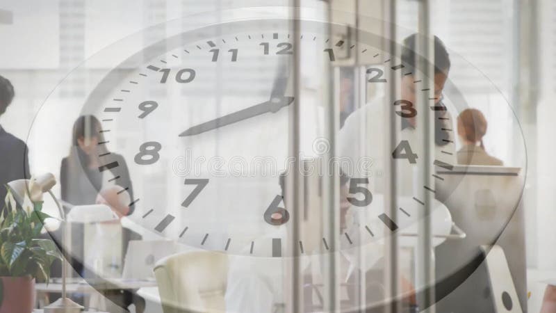 Animation of Clock with Fast Moving Hands Over Diverse Colleagues at ...