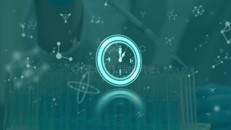 Animation of Clock and Molecules Over Lab Worker with Samples Stock ...