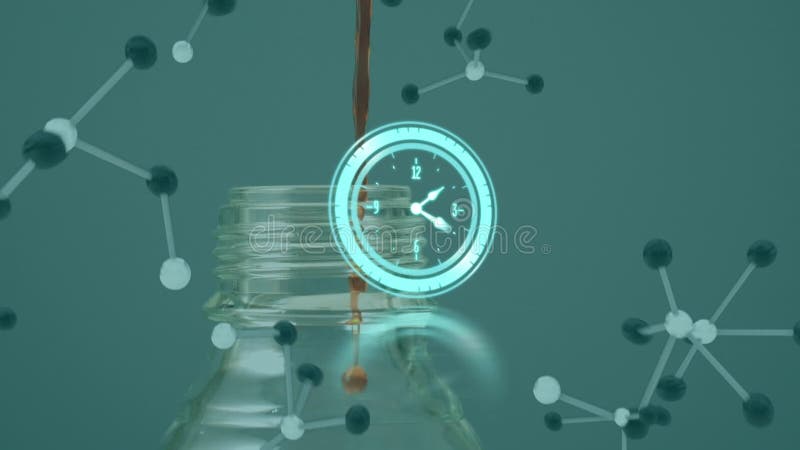 Animation of Clock and Molecules Over Liquid Pouring into Bottle Stock ...