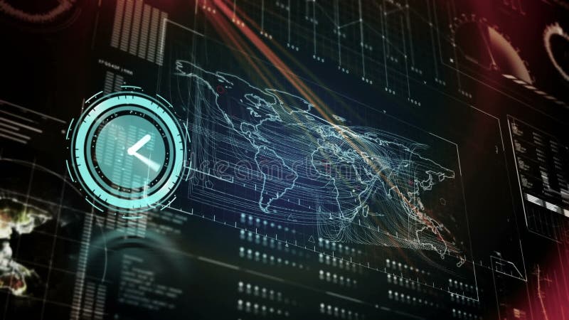 Animation of Clock Moving Fast and Data Processing with World Map on ...