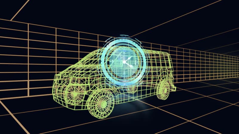 Animation of Clock Moving Fast Over 3d Drawing Model of Van and Grid ...