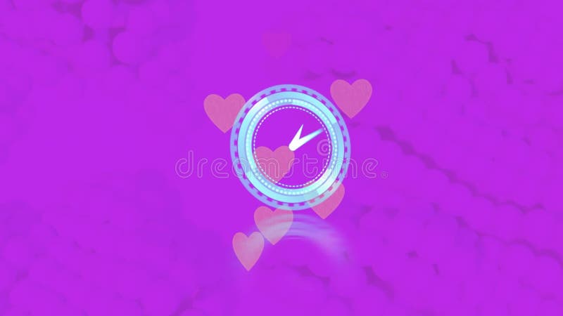 Animation of Clock Moving Fast Over Pink Hearts on Purple Background ...