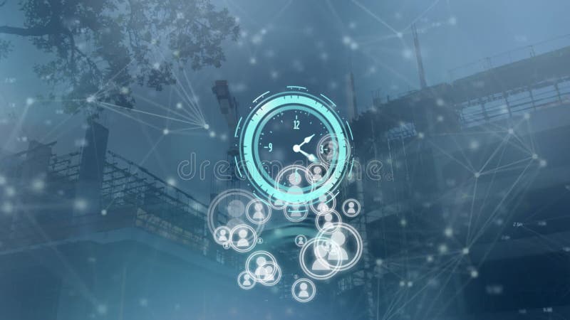 Animation of Clock Moving Over Connections and Icons Over Cityscape ...