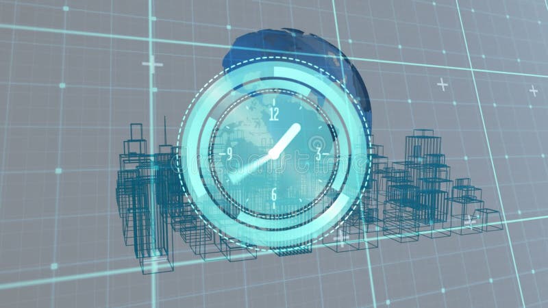 Animation of Clock Moving Over Globe and Metaverse City Stock Footage ...