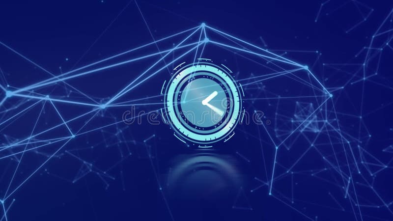 Animation of Clock and Network of Connections on Dark Blue Background ...
