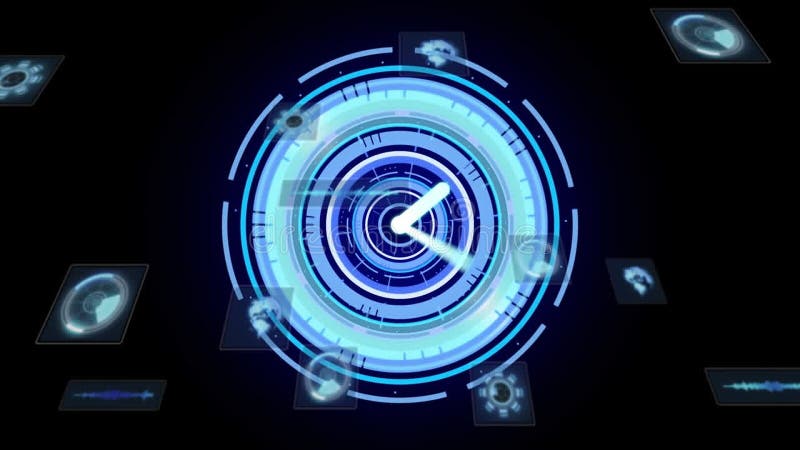 Animation of Clock, Scopes Scanning and Data Processing Over Screens on Dark Background Stock ...