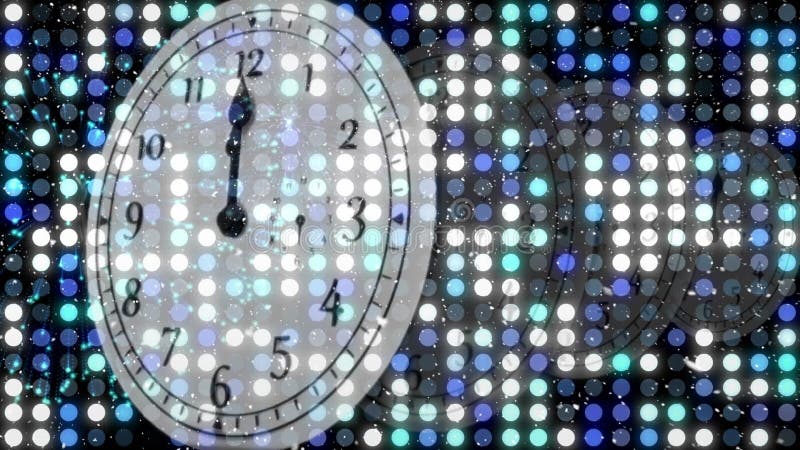 Animation of Clock Showing Midnight, Fireworks Exploding with Rows of ...