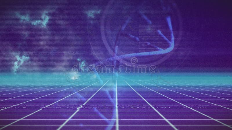 Animation of Clone Text on Dna Strand Over Blue Grid, Clouds and ...