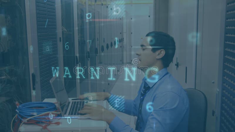 Worried Man in a Computer Server Room Using a Laptop Stock Video ...
