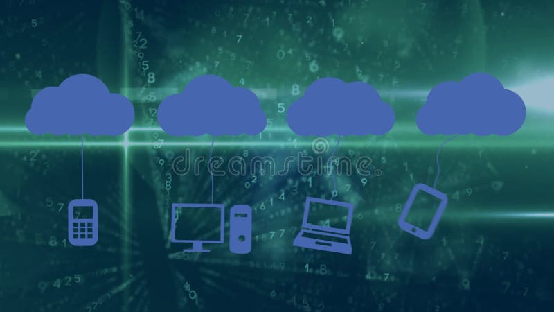 Animation of Cloud Icons and Data Processing Over Dark Background Stock ...