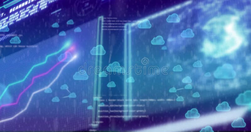 Animation of Cloud Icons and Data Processing Over Screens Stock Video ...