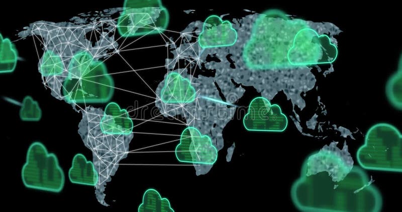 Animation of Cloud Icons and Data Processing Over World Map Stock Video ...
