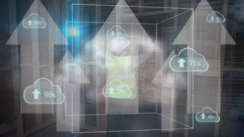 Animation of Cloud Icons Uploading Data Over Caucasian Male Engineer ... Animation of Cloud Icons Uploading Data Over Caucasian Male Engineer ...