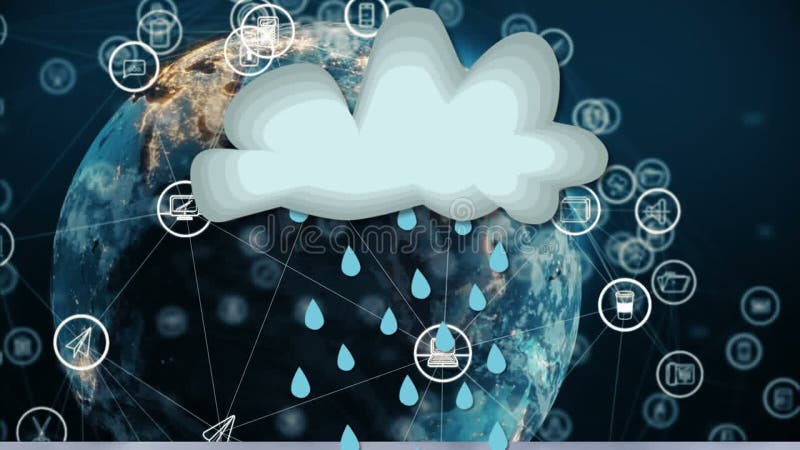 Animation of Cloud with Rain Icon and Network of Connections Over Globe ...
