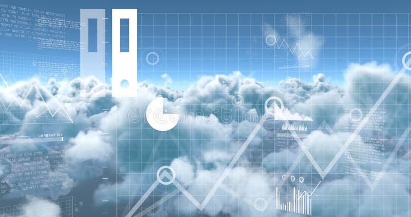 Animation of Cloud Symbol, Charts and Data Processing Over Blue Cloudy ...