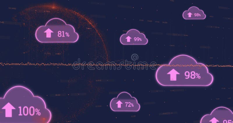 Animation of Cloud Upload Icons and Data Processing Over Globe Against ...