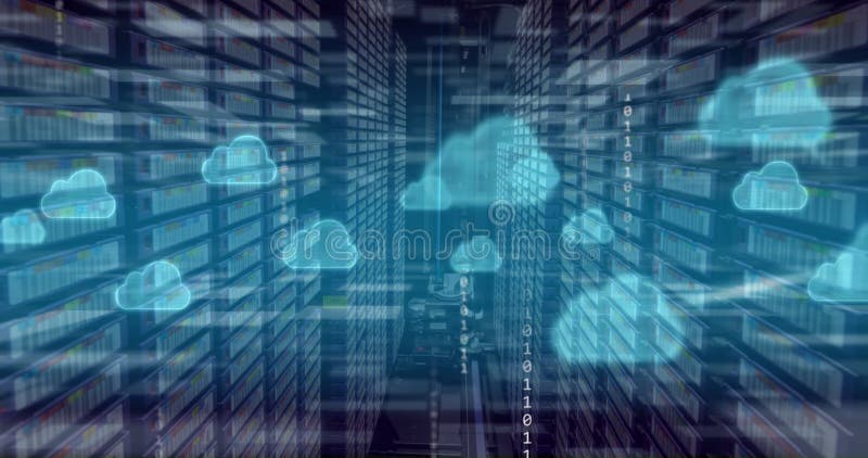 Animation of Clouds and Binary Data Over Server Room Stock Video ...