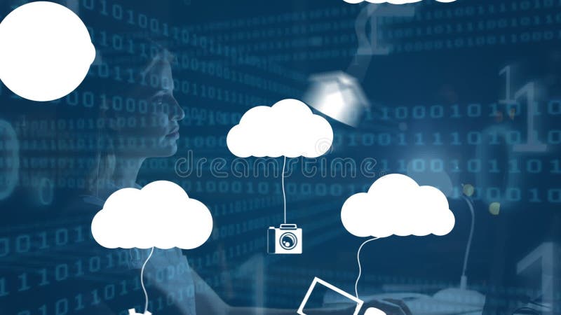Animation of Clouds with Icons and Binary Coding Over Caucasian Woman Using Computer Stock Video ...