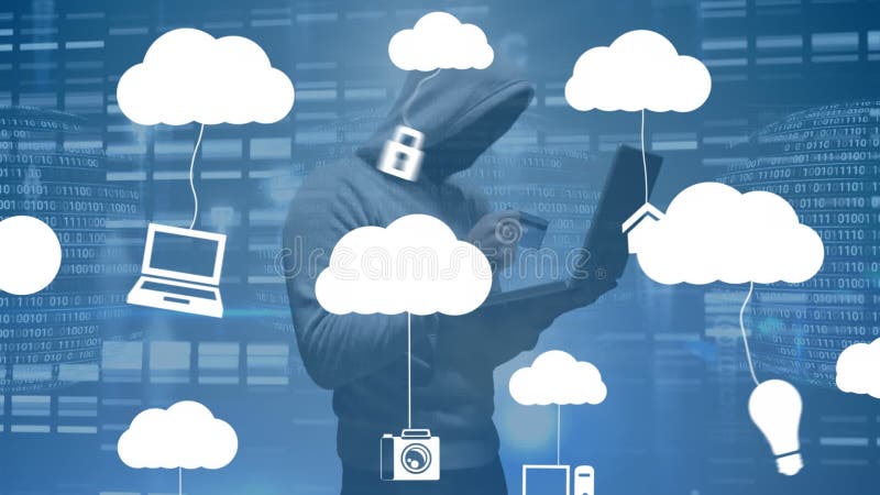 Animation of Clouds with Icons Over Hacker Using Laptop and Moving Columns Stock Video - Video ...