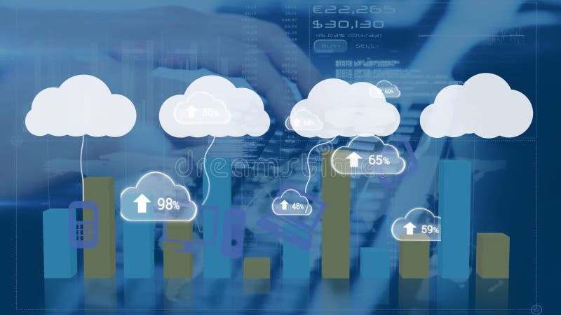 Animation of Clouds with Numbers and Graphs Over Hands Writing on Laptop Stock Video - Video of ...